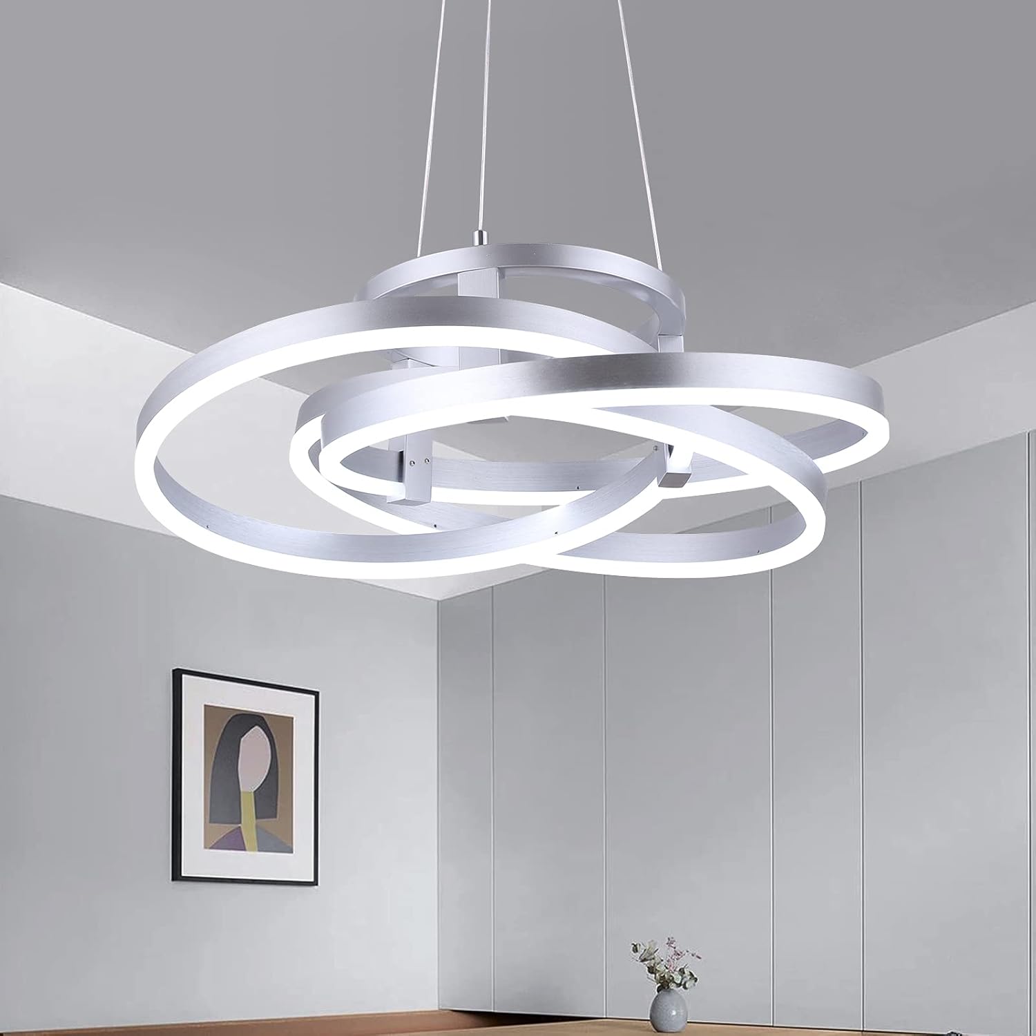 Maxax LED 3 Ring Chandelier, Modern Acrylic Pendant Light, Industrial ...