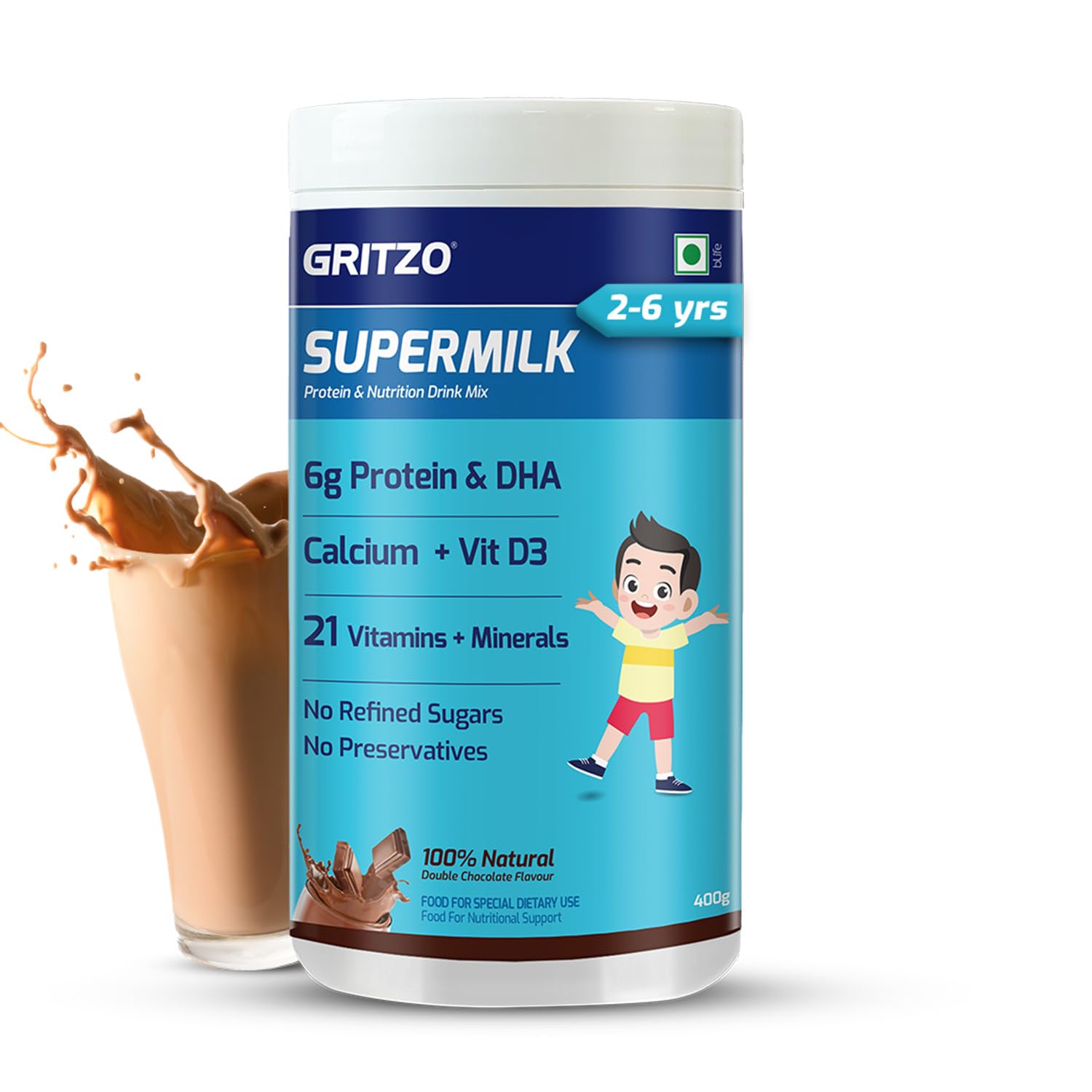 Gritzo SuperMilk Overall Growth (2-6y), 6g Protein Powder (Double ...
