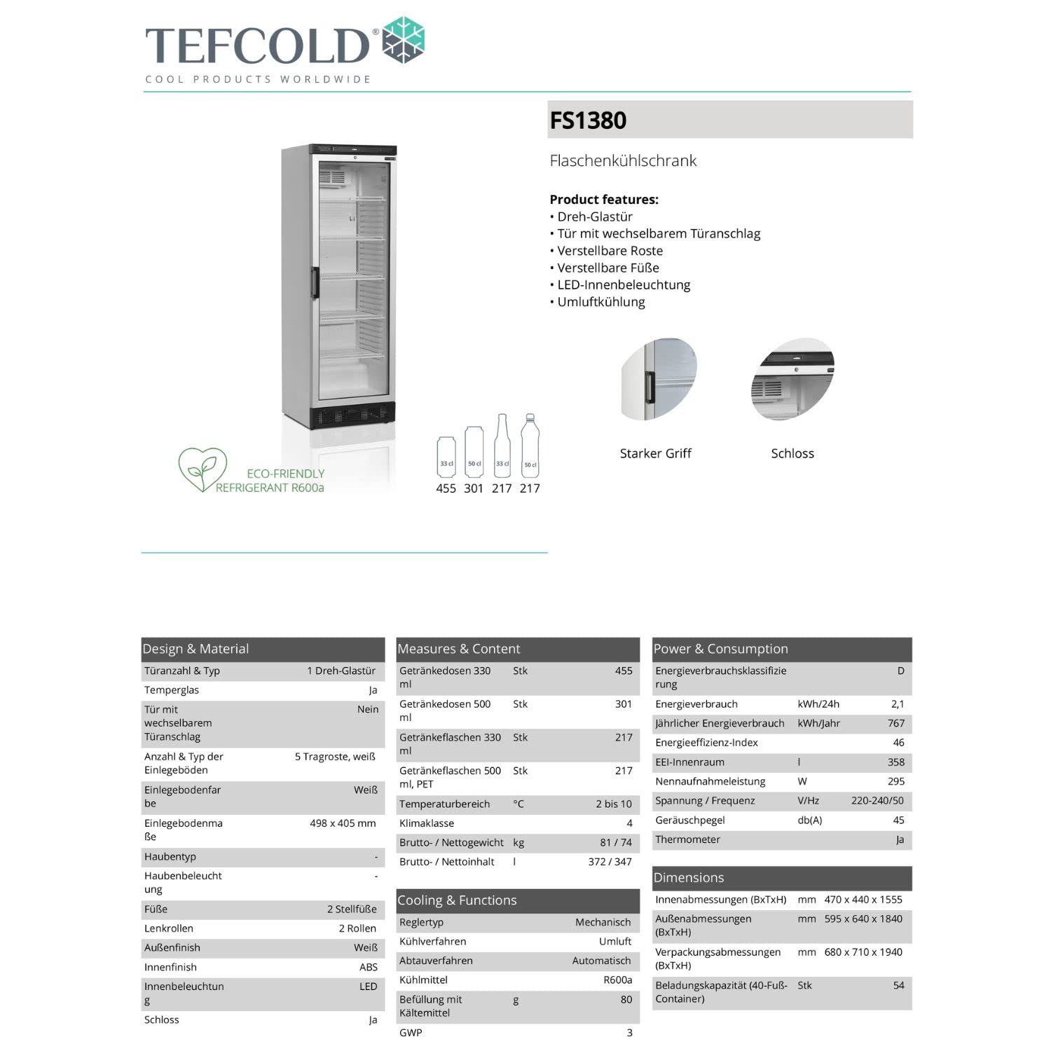 TefCold FS1380 Weiß Flaschenkühlschrank, 184 cm Höhe, 5 Tragroste weiß ...