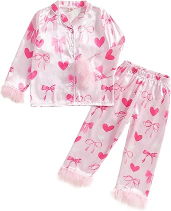 Geagodelia Kids Baby Girls Pyjamas Set Satin Heart Bow Pajamas Pjs Two ...