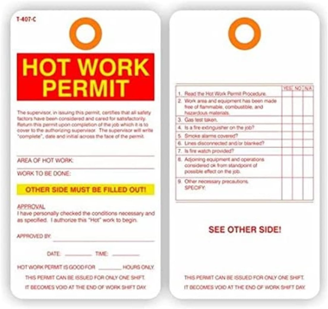 Amazon.com : HOT Work Permit Tag, 2 Sided, 5.75" x 3", White Paper ...