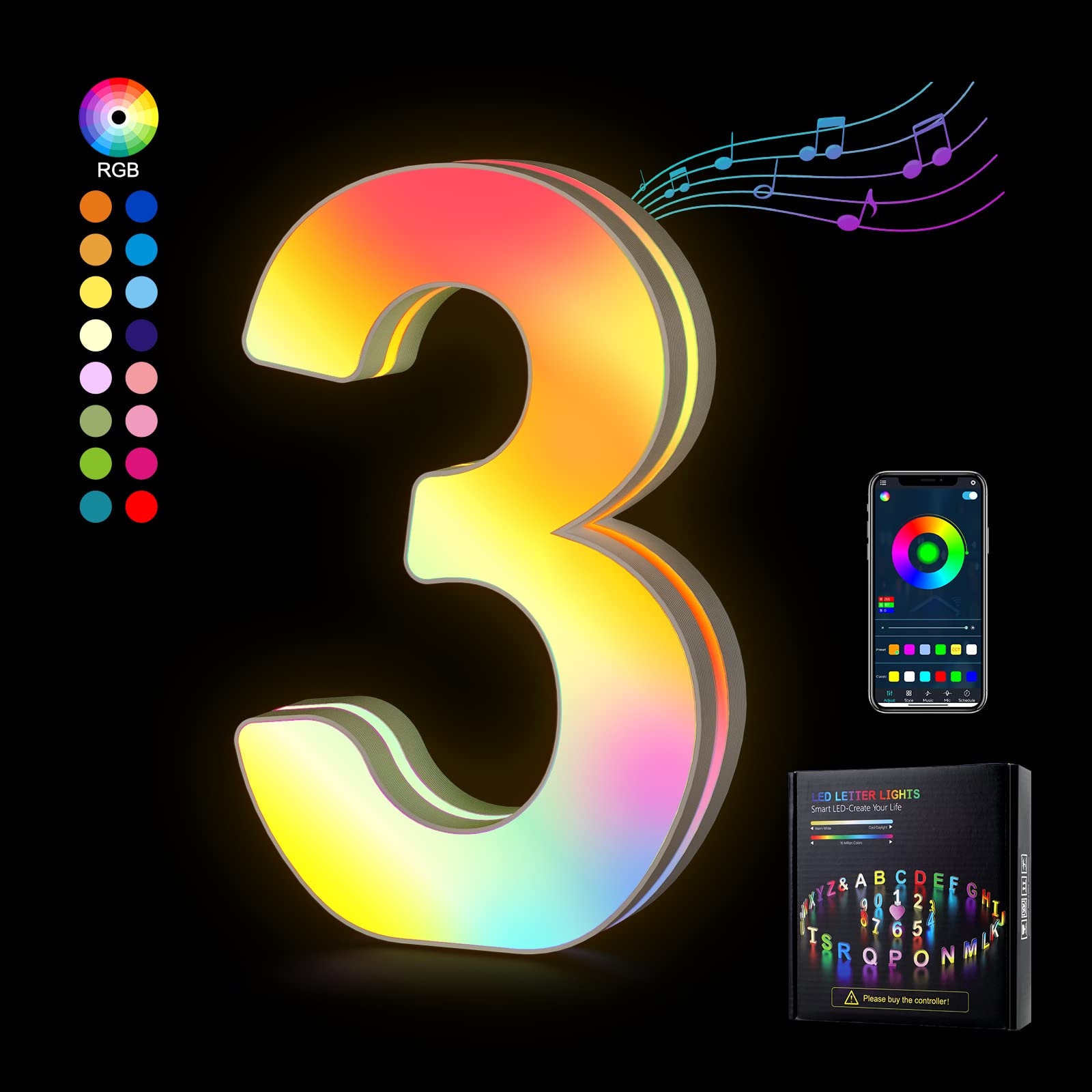 OJQ LED Letter RGB Sign Lights - Lighted Letter Glitter Alphabet Music ...