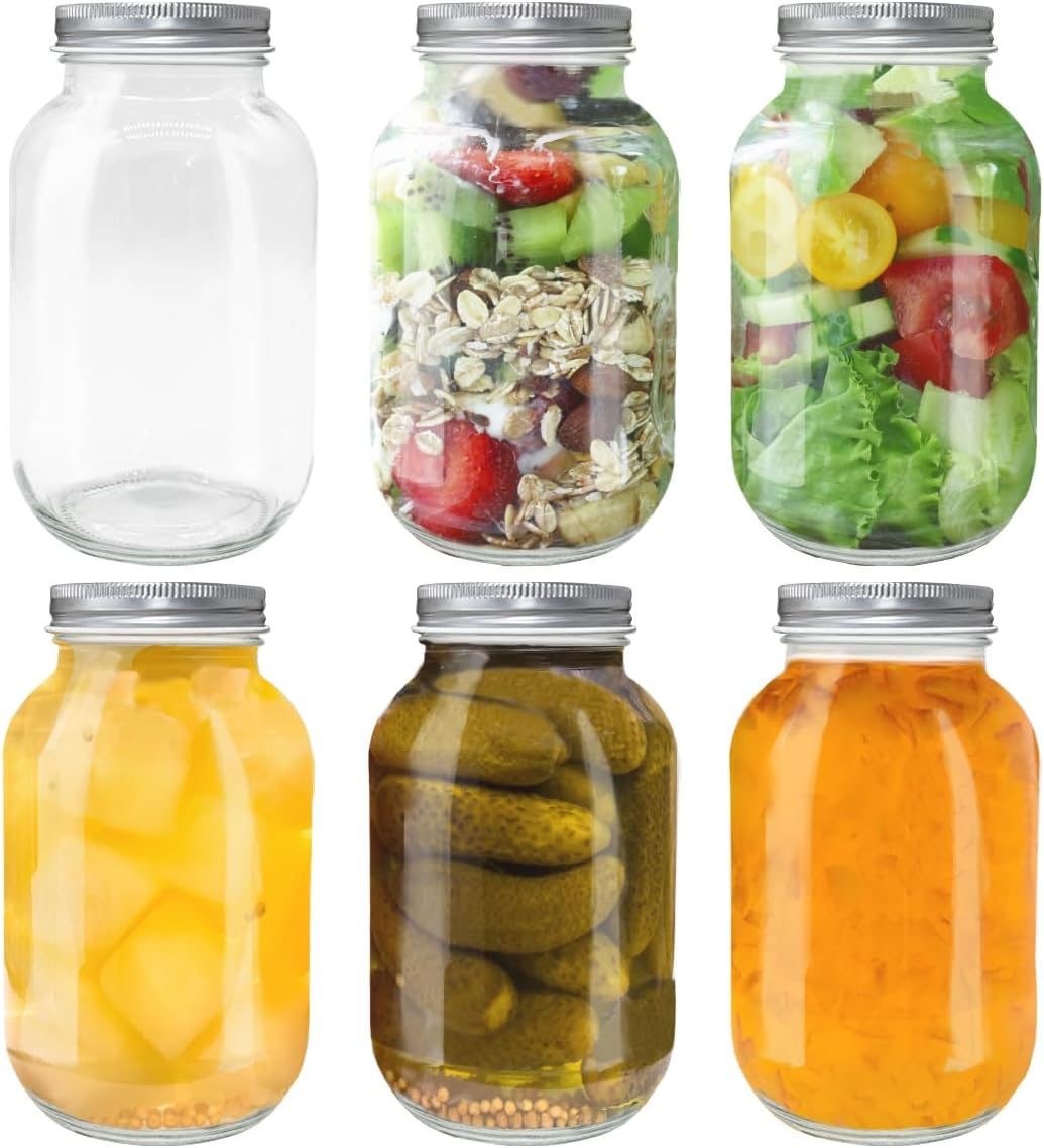 WAIZHIUA 6Pcs 1L Mason Jars with Lids Clear Glass Jars Overnight Oats ...