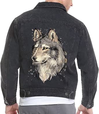Wolf Face Men's Vintage Denim Jacket - Graphic Art Black Denim Jacket ...