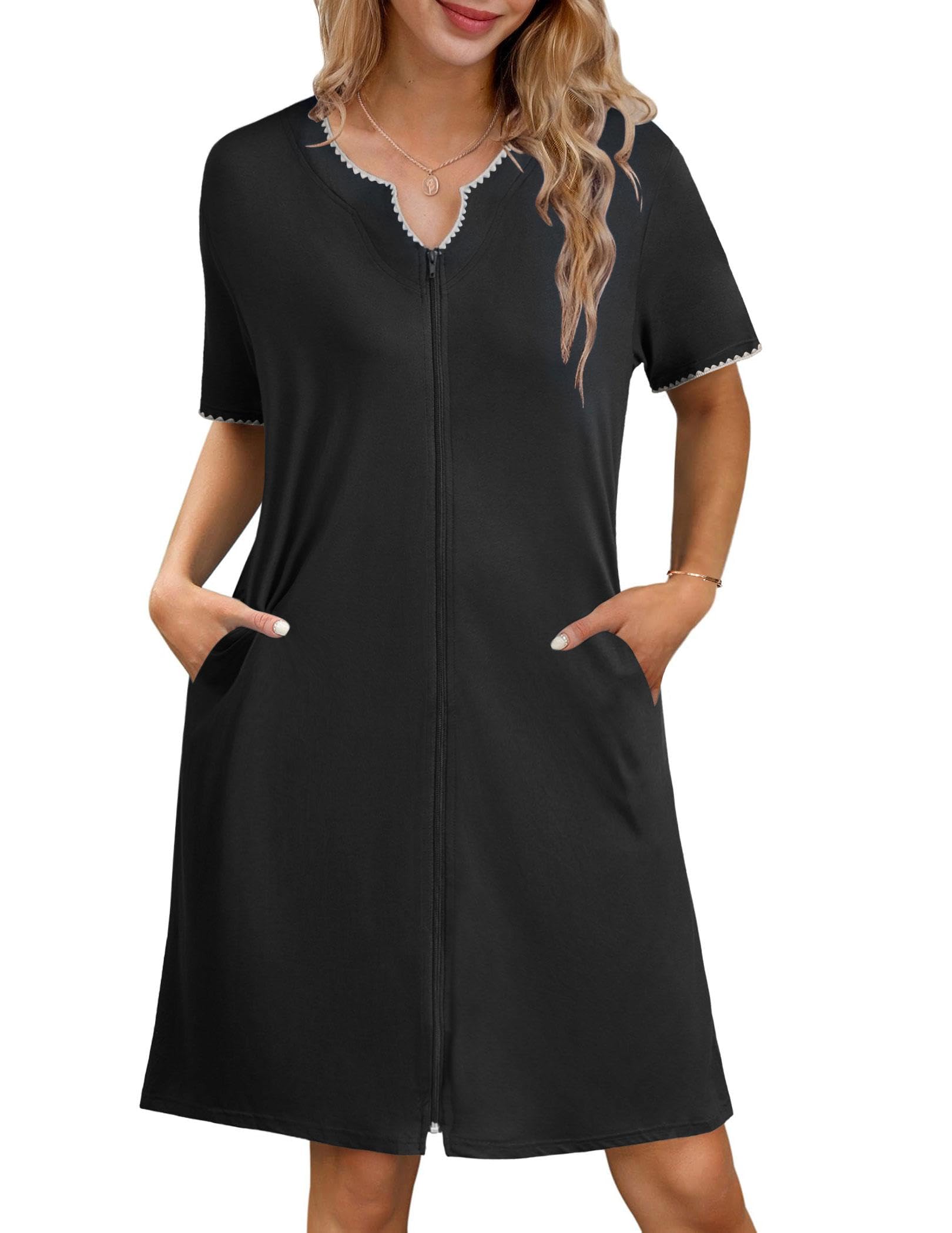 Ekouaer Zipper Robes for Women Knee Length Bathrobe Lightweight ...