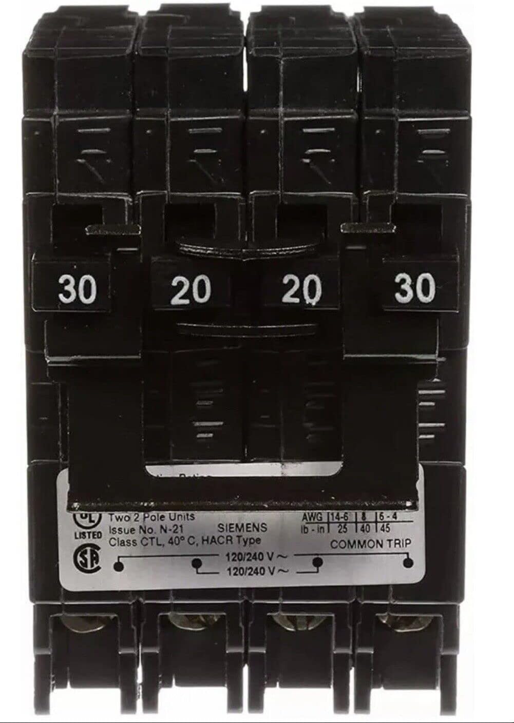 SIEMENS Q22030CT 30 Double Two 20-Amp Single Pole Circuit Breaker, As ...