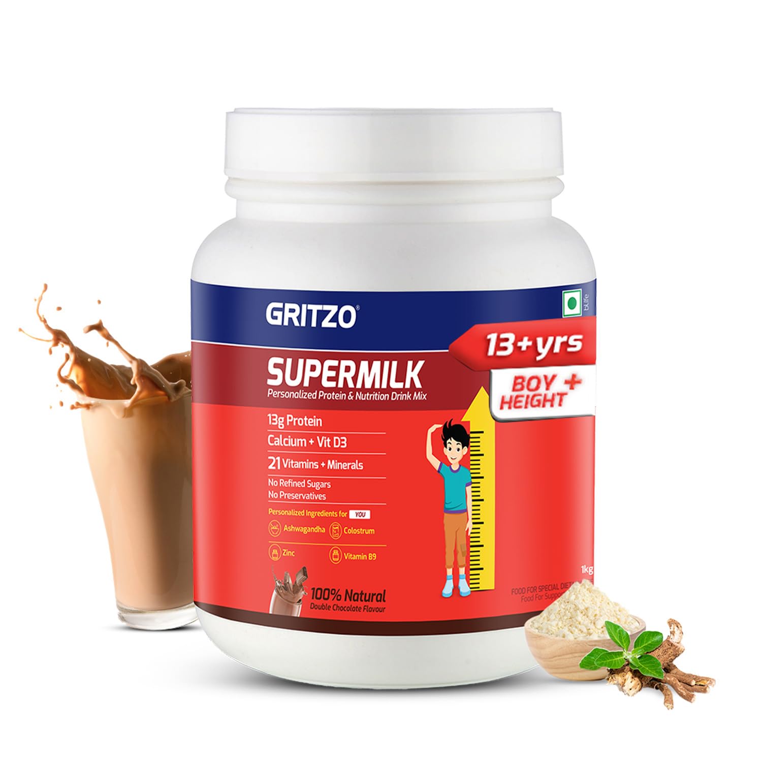 Gritzo SuperMilk Height+ (13+y Boys), 13g Protein Powder (Double ...