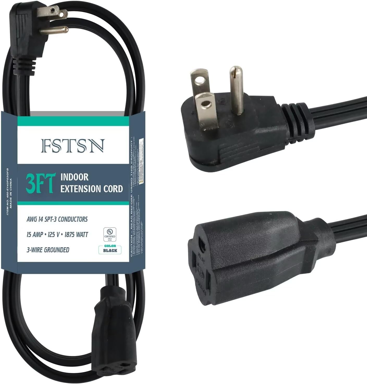 Amazon.com: FSTSN 3 Ft Black Appliance Extension Cord - 14 Gauge 3 ...
