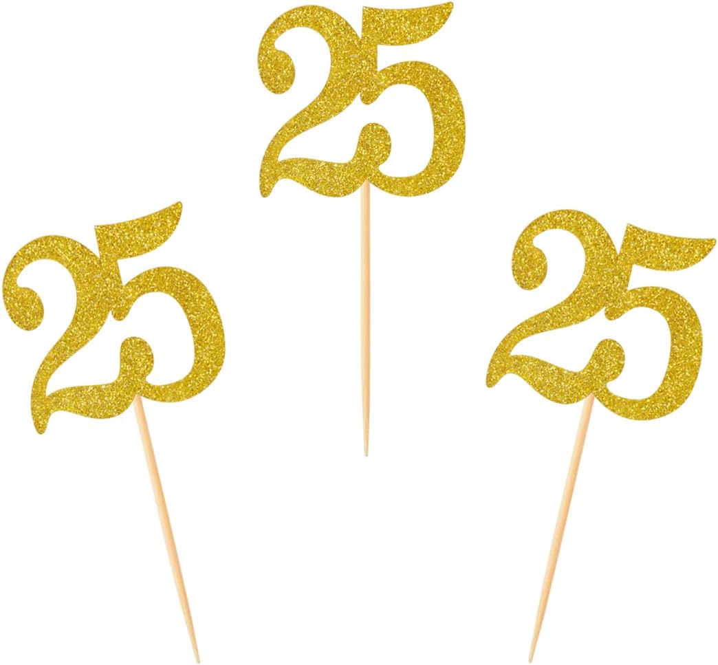 Amazon.com: Donoter 50pcs 25th Cupcake Toppers Gold Glitter Number 25 ...