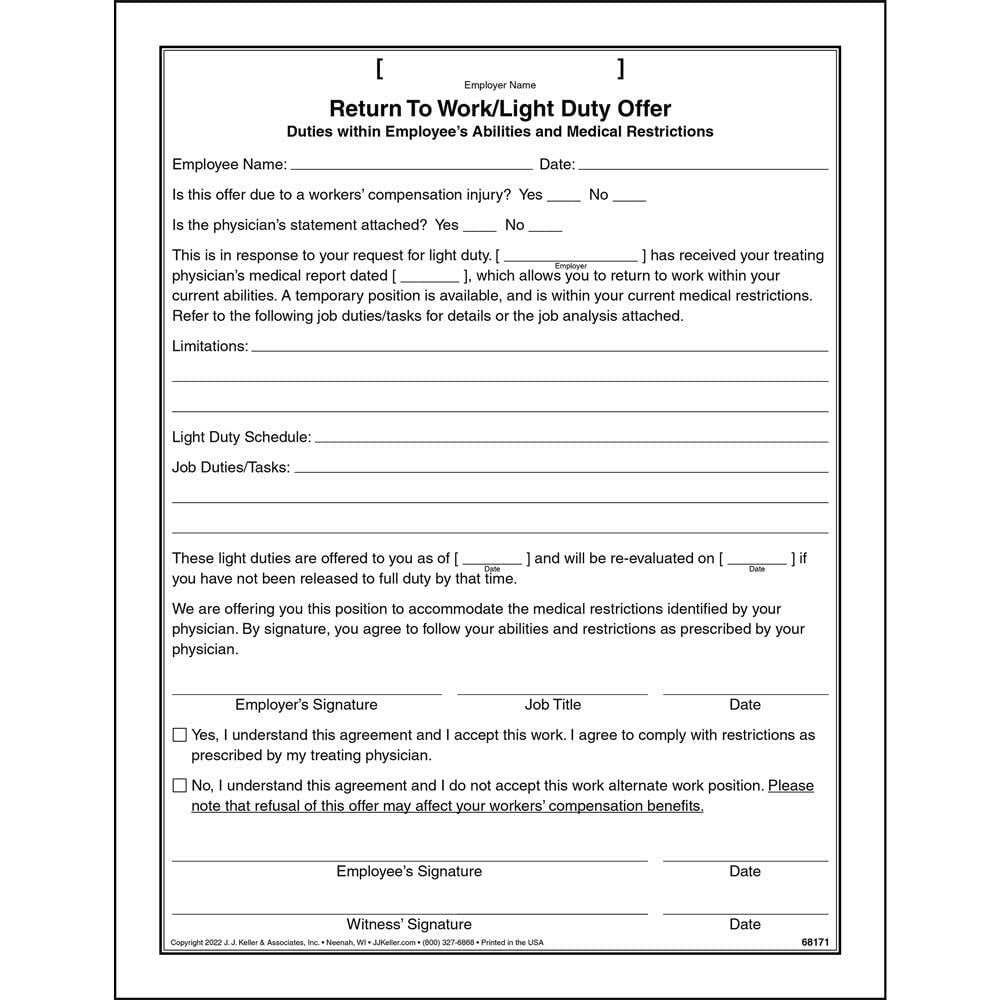 Amazon.com : Employee Return to Work with Restrictions Form, 8.5 x 11 ...