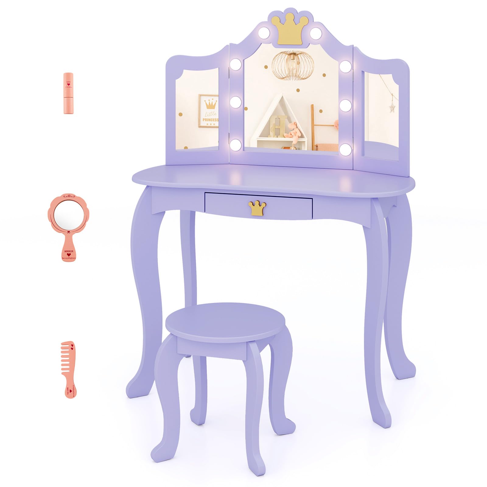 Amazon.com: GLACER Girls Vanity Set with Mirror and Stool and Lights, 2 ...