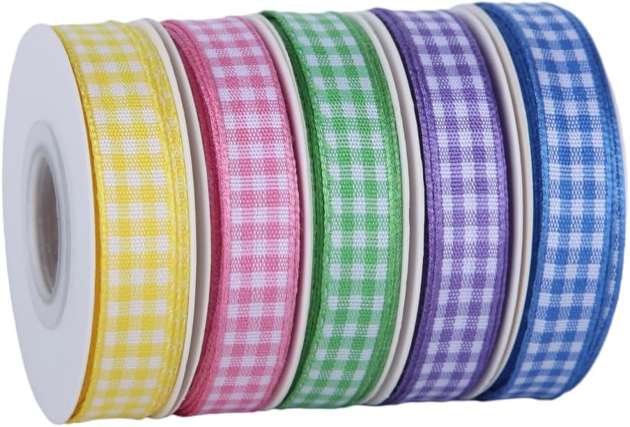 Amazon.com: Meseey 5 Rolls Total 50 Yards Gingham Ribbon Easter Ribbon ...