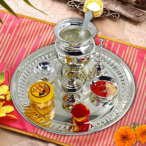 Thali Set for Pooja Arti on Diwali, Navratri, Karwa Chauth (Silver ...