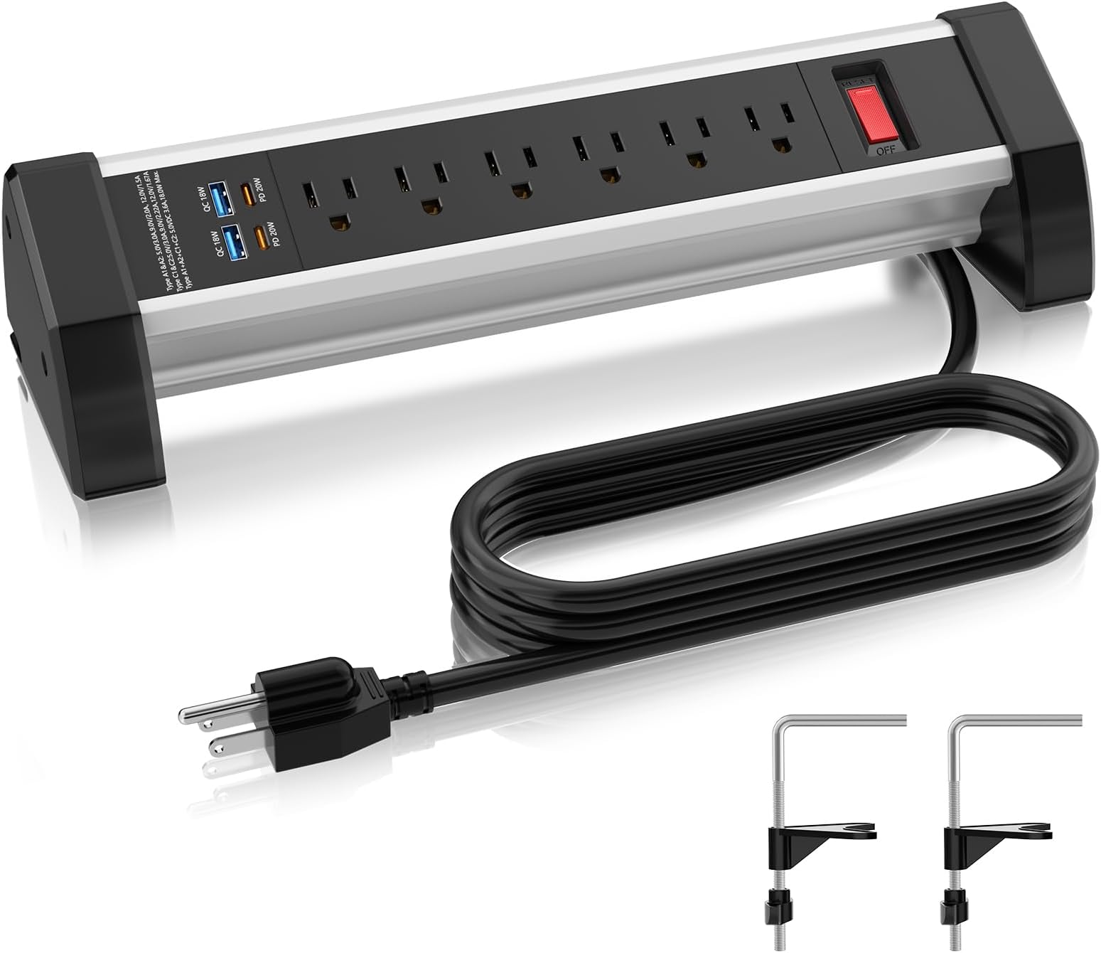 Amazon.com: QBA Desk Clamp Power Strip USB C PD 20W, 6 Outlet Desk ...