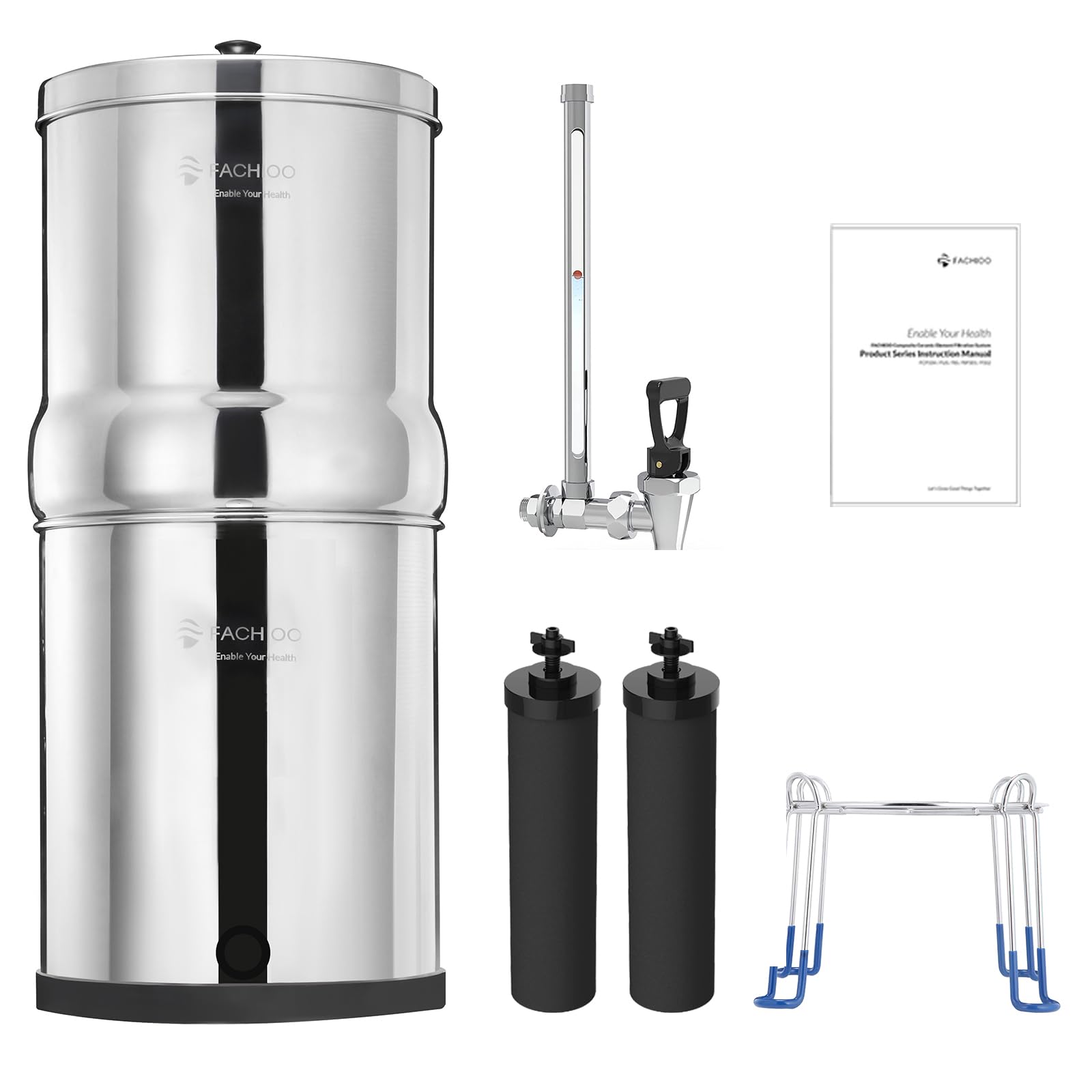 FACHIOO Gravity-Fed Water Filter with 2 Black Filter Elements, NSF/ANSI ...