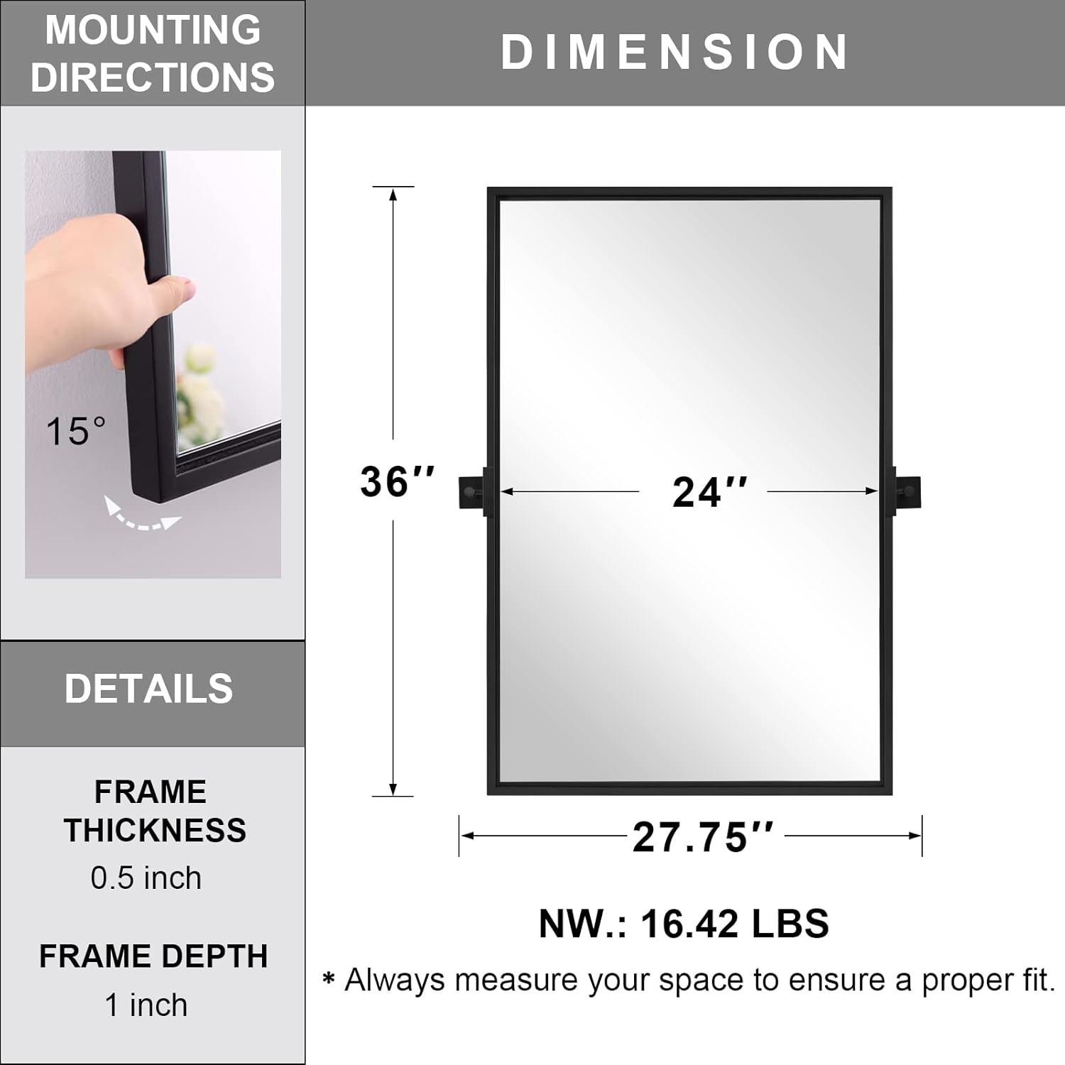 MOON MIRROR Pivot Mirror, 24x36 Matte Black Modern Rectangle Pivoting ...
