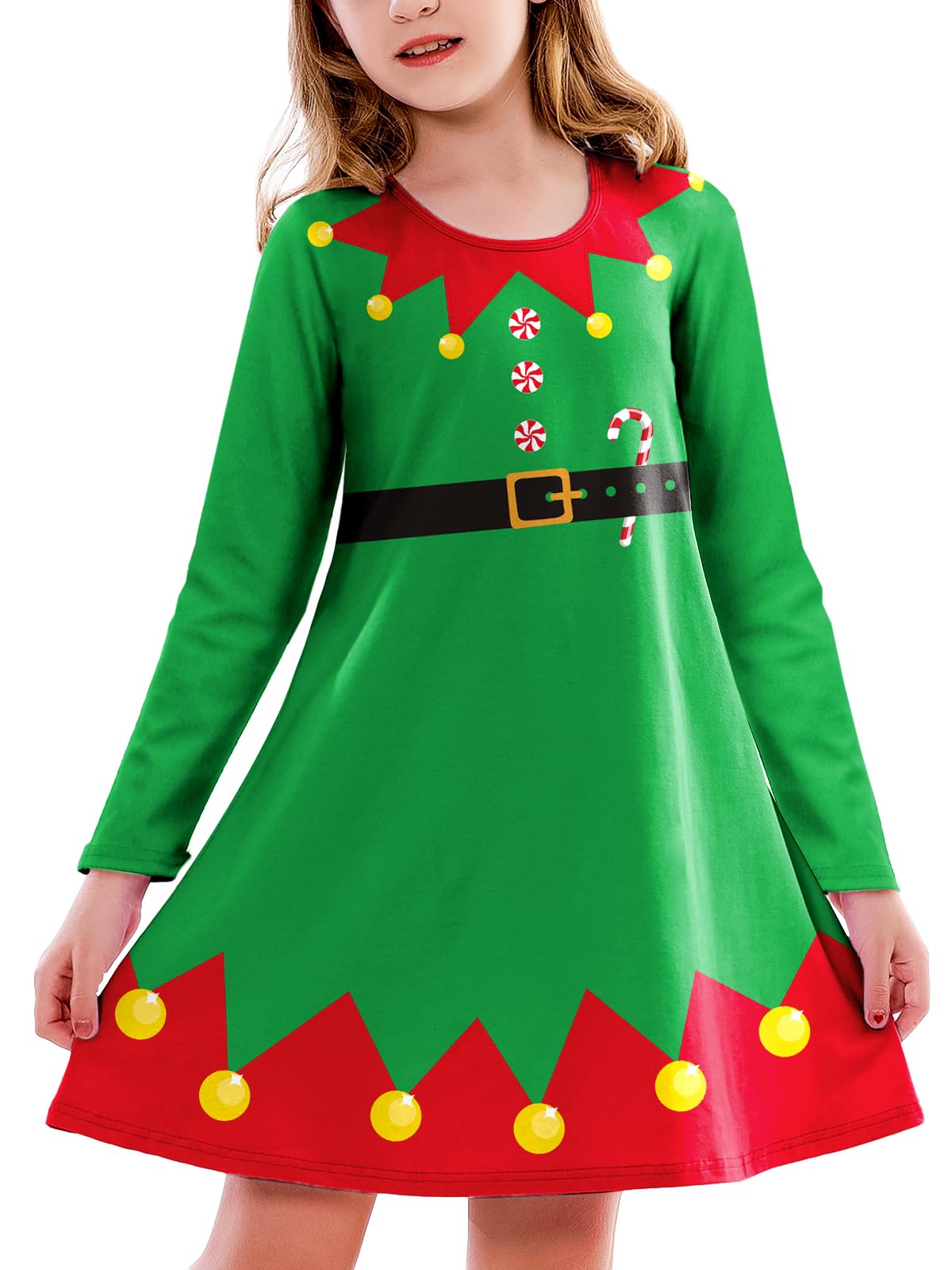 Snapklik.com : Christmas Green Dress For Girls Long Sleeve Xmas Elf ...