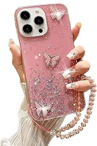 Amazon.com: AuroiCCY for iPhone 16 Pro Max Bling Case with Lanyard, Cute 3D Butterfly Glitter ...