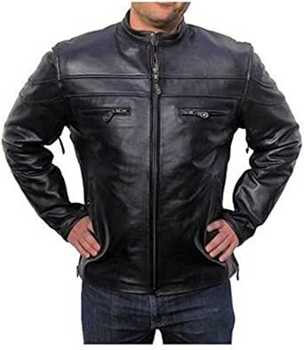 Cow Hide Men's Classic Retro Black Real Leather Motorcycle Biker Jacket ...