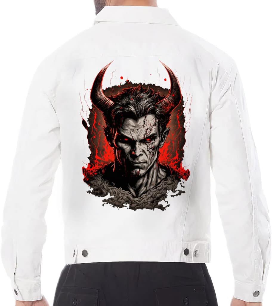 Devil Graphic Men's White Denim Jacket - Gothic Print Denim Jacket for ...