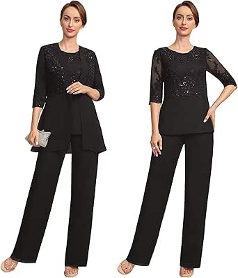 Amazon.com: 3 Piece Mother of The Bride Pant Suits Plus Size Chiffon ...