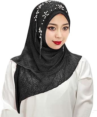 Amazon.com: BXT Women Soft Pearl flower Muslim Hijab Turban One Piece Long Scarf Shawl Fashion ...