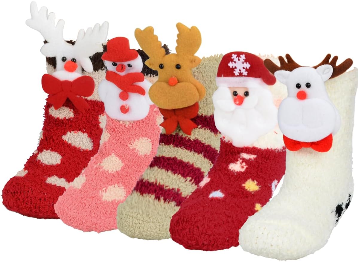 5 Pairs Fuzzy Christmas Socks for Kids and Women,Winter Slipper Warm ...