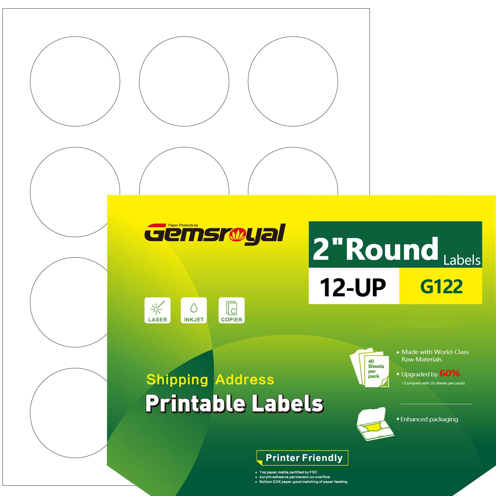 Amazon.com : Gemsroyal 2 Inch Round Labels Printable,40 Sheets,12 ...