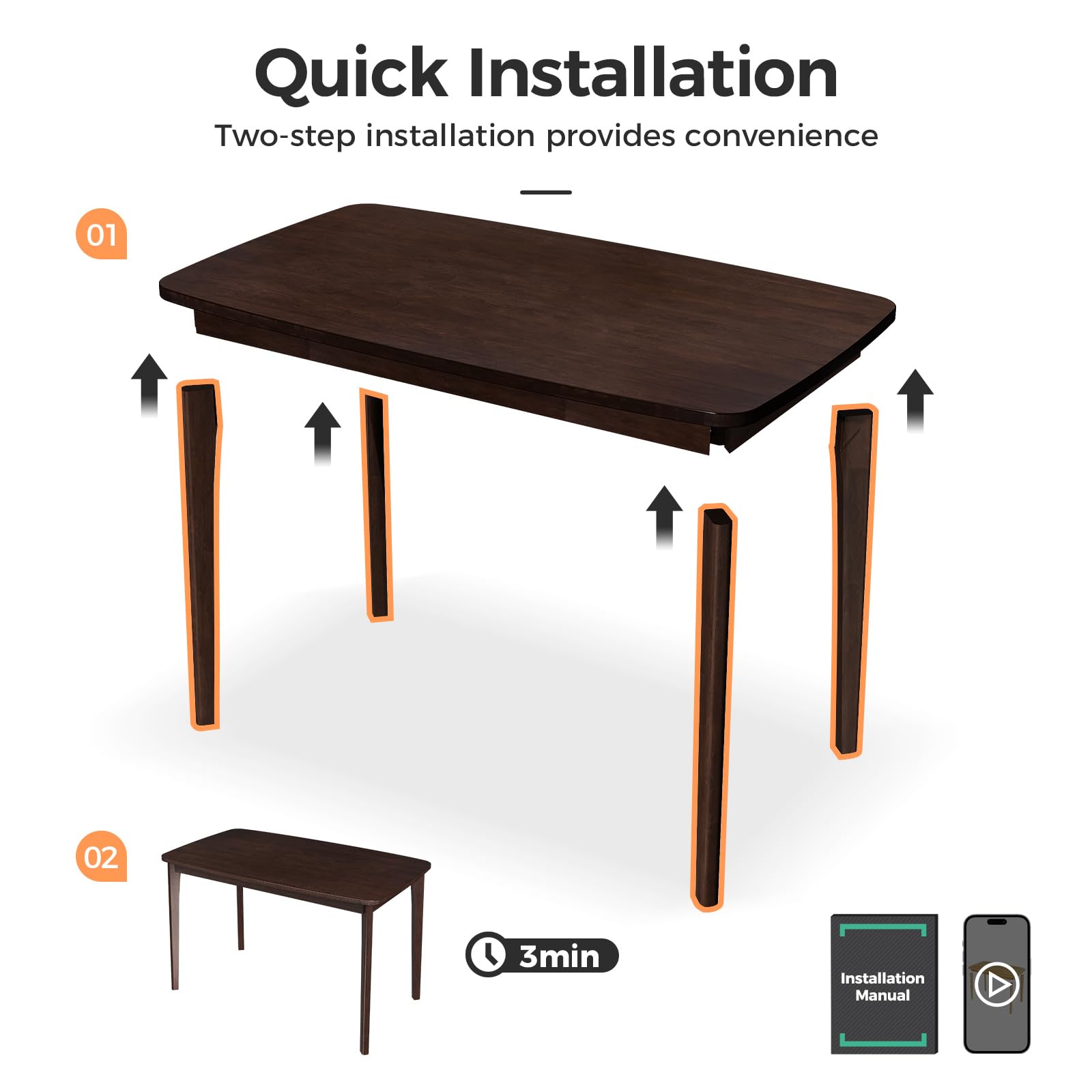 KKL Dining Table, 47" Kitchen Table for 2, Mid Century Modern Wood ...