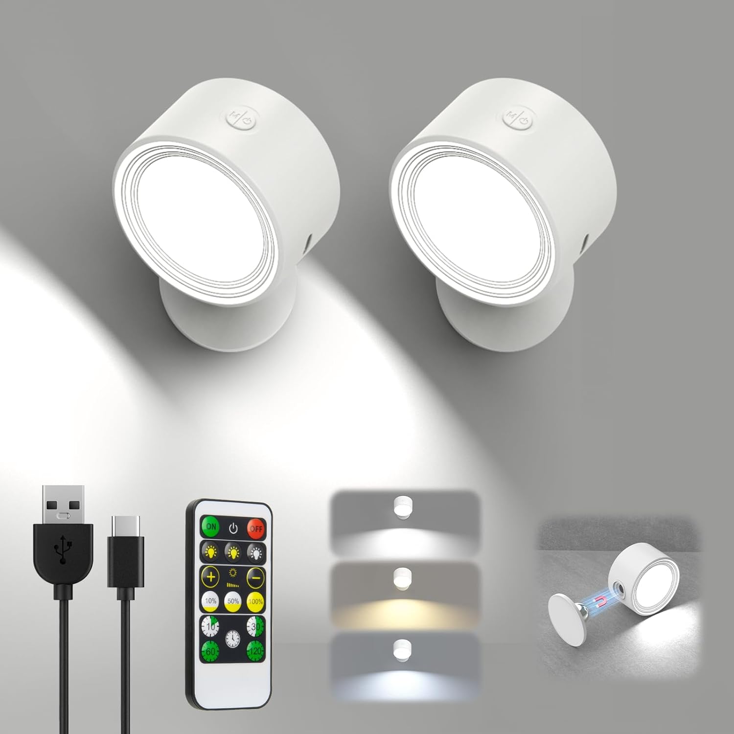 LED Wall Lights, Wall Lamp 3 Color Temperatures & Dimmable Magnetic 360 ...