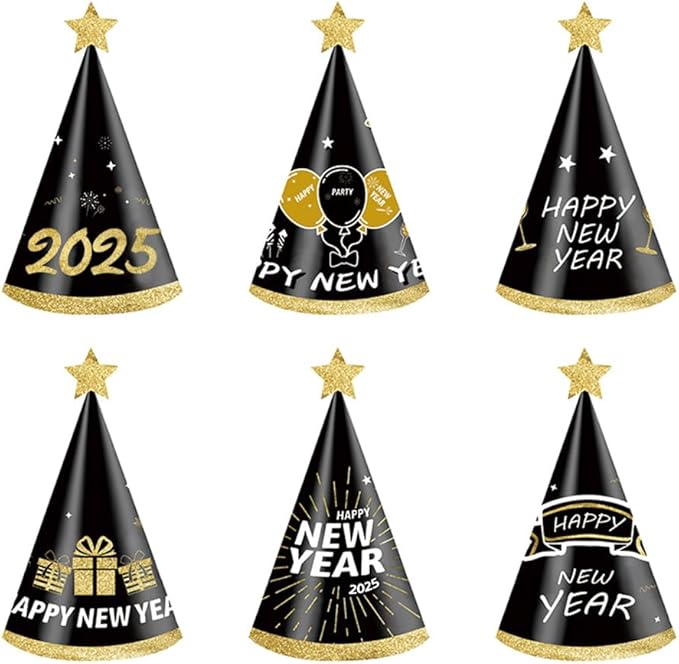 Amazon.com: Topfunyy Happy New Year 2025 Party Hats, 12 Pack Black Gold ...