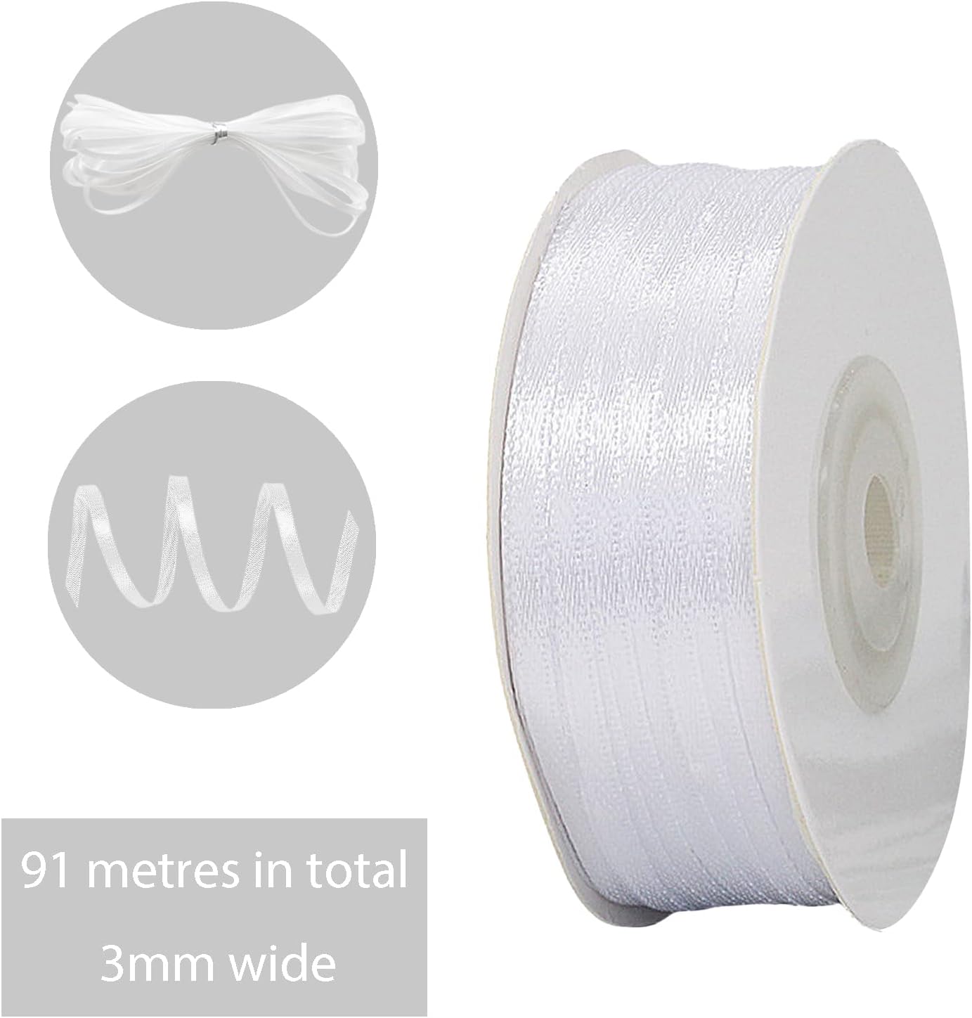 White Thin Christmas Ribbon 3mm,91m Satin Ribbon Solid Color Fabric ...