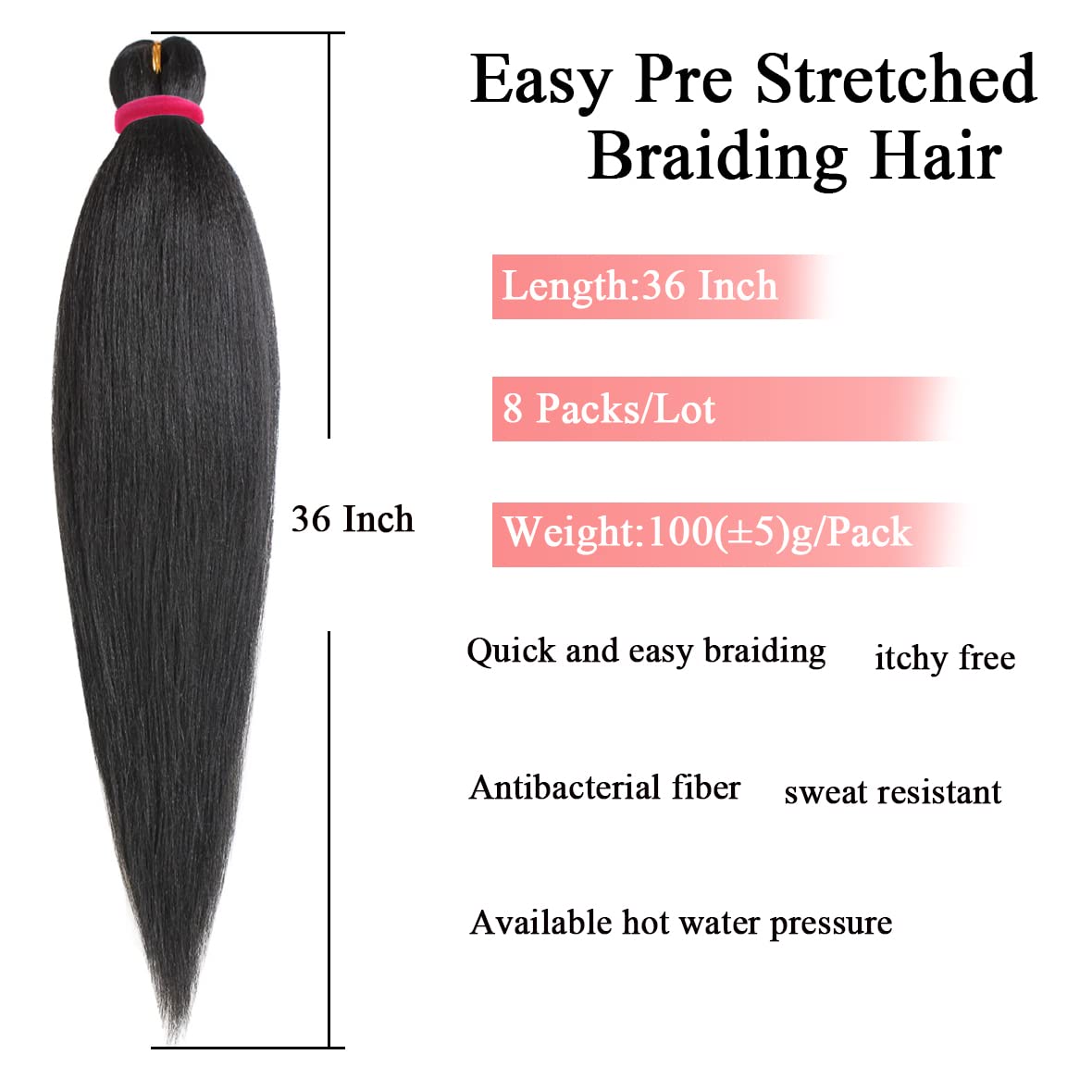 Snapklik.com : Leeven Black Pre Stretched Braiding 36 Inch 8 Packs Perm ...