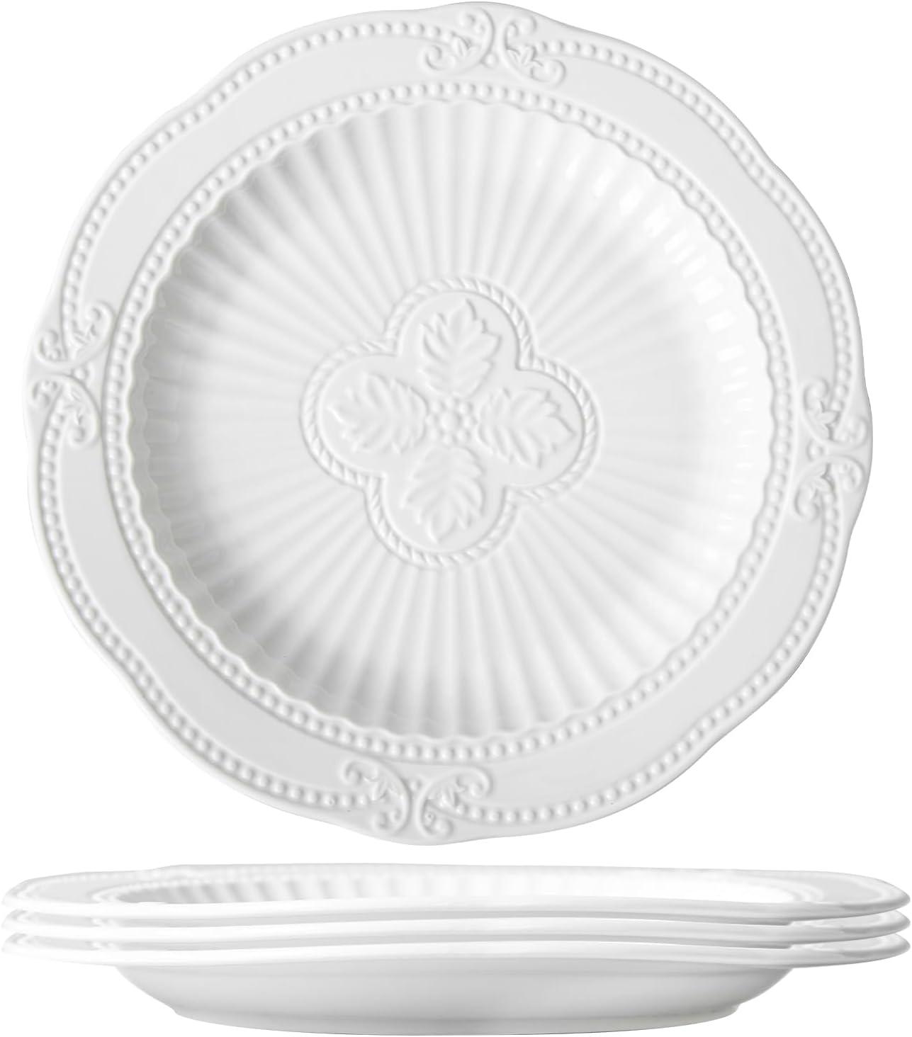 Amazon.com | Lyellfe Set of 4 Ceramic Dinner Plates, White Embossed ...