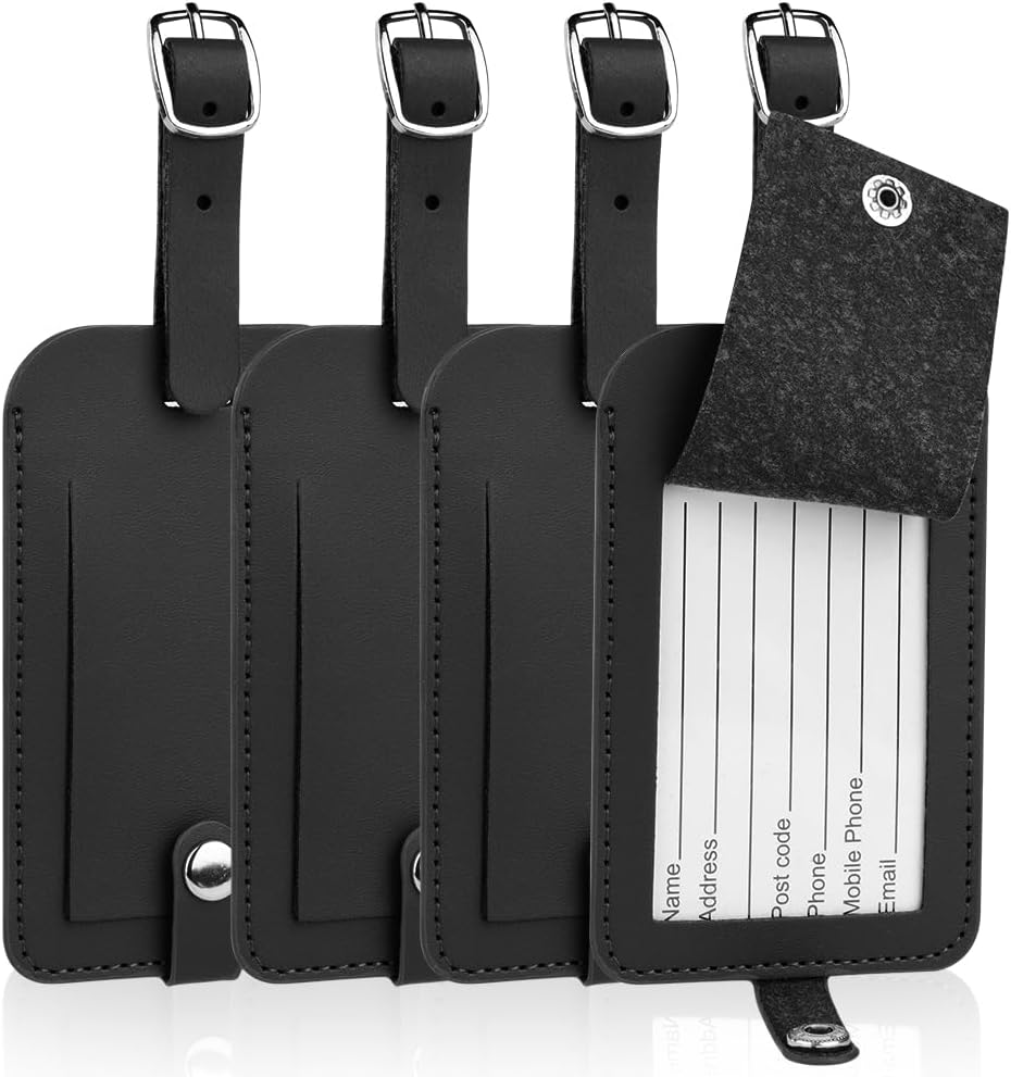 Flintronic 4 Pcs Luggage Tags, Leather Baggage Labels, Suitcase Name ID Card Tag Set, Leather ...