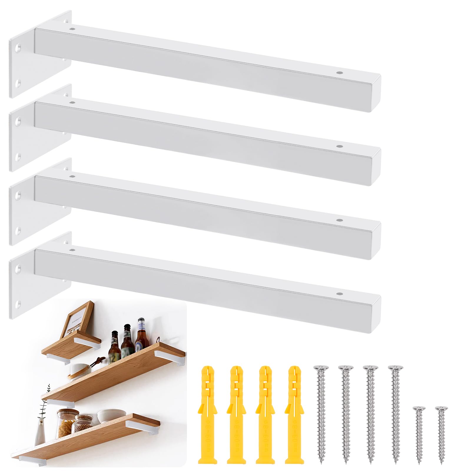 Mardatt 4Pcs 10” White Shelf Bracket with Screws and Anchors, Floating ...