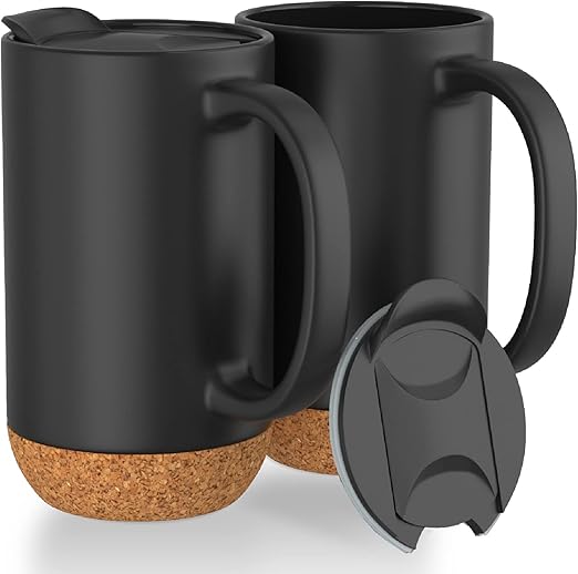 Amazon.com: Cork Base Ceramic Mug with Lid (Set of 2) - 17 oz ...