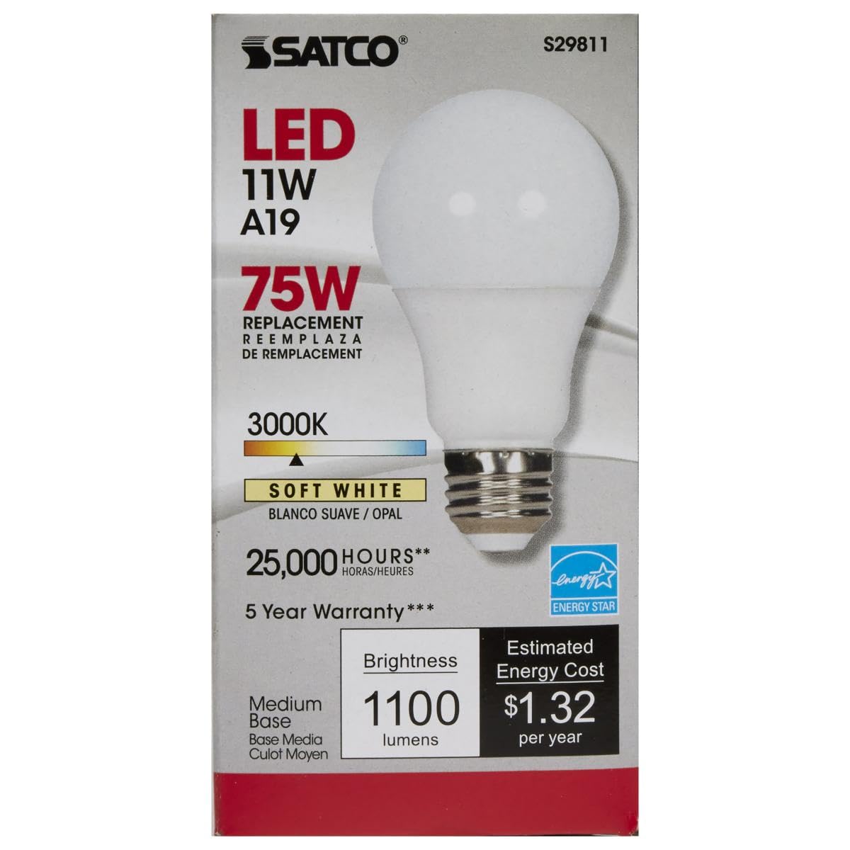 Satco Lighting S29811-11 Watt A19 LED Dimmable Frosted Light Bulbs ...