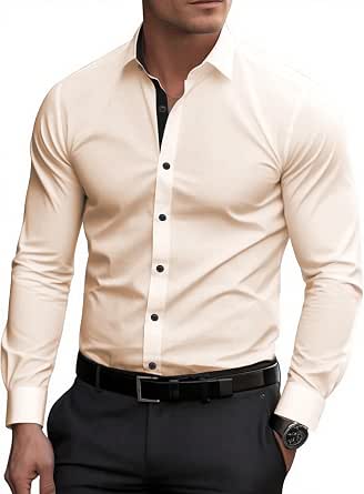 Amazon.com: Lasjixion Men's Solid Long Sleeve Dress Shirts Wrinkle-Free ...