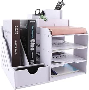4-Tier Office White Desktop Organizer Paper File Rack with Vertical ...