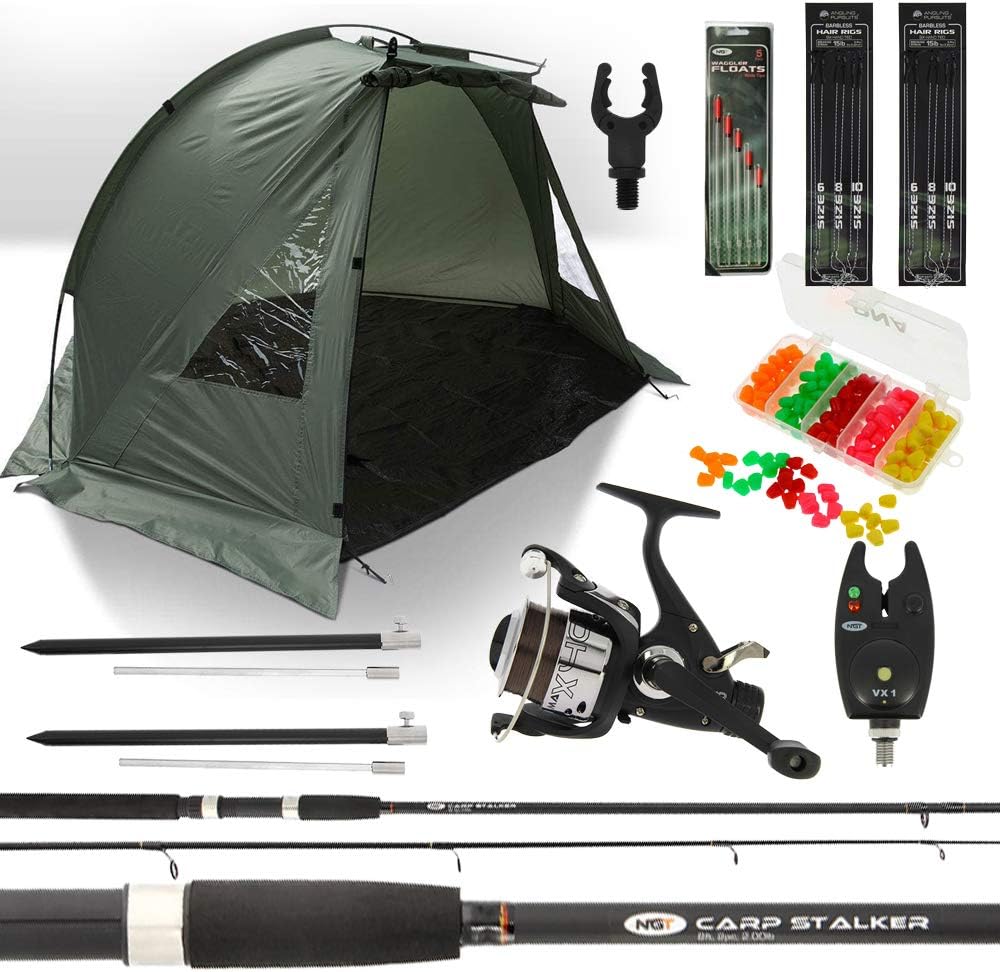 Carp Fishing Bivvy Stalking Set up + Black 8FT Rod & 2BB 8lb Line Reel ...