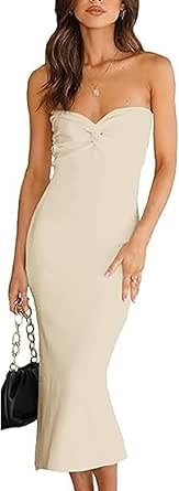 Amazon.com: Women Sexy Rib-Knit Twisted Front Bodycon Dress Strapless Bandeau Tube Midi Dress ...