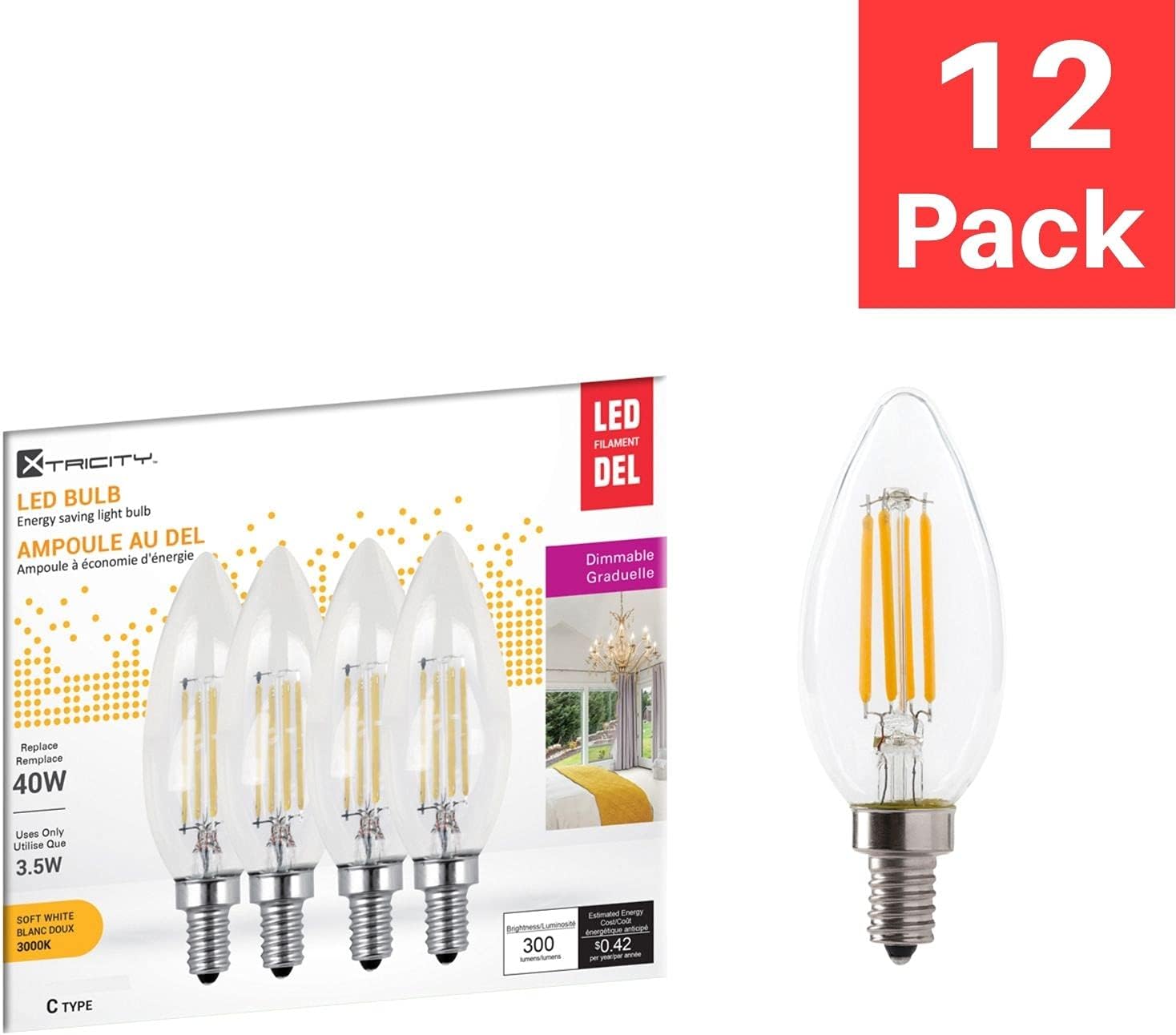 Xtricity Bombilla LED E12, bombilla de araña de filamento torpedo B11 de 3.5 W, equivalente a 40 ...