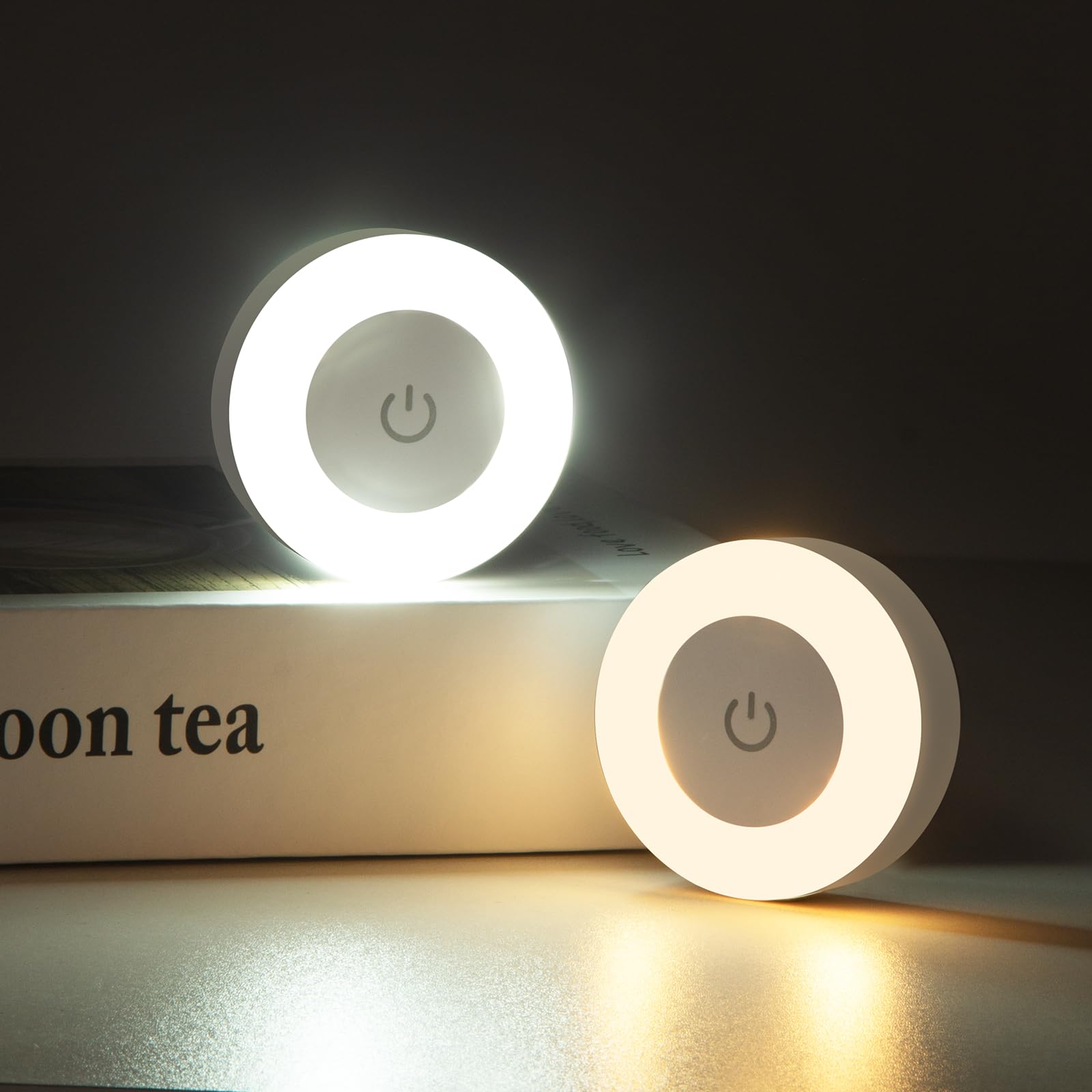 Night Touch Light Bright LED Push Lights, 3 Colors Dimmable Puck Lights ...