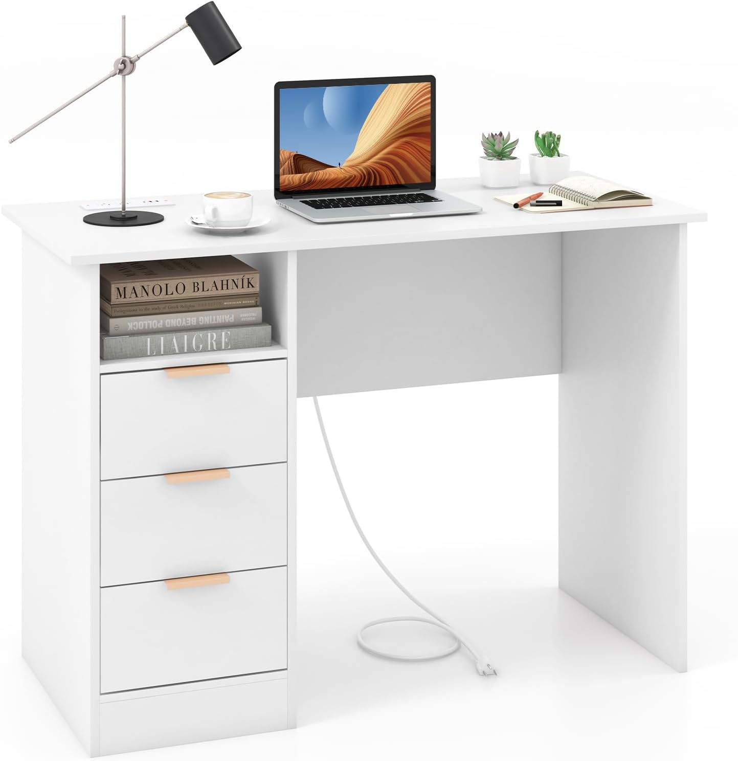 Amazon.com: Tangkula White Desk with 3 Drawers & Built-in Charge ...