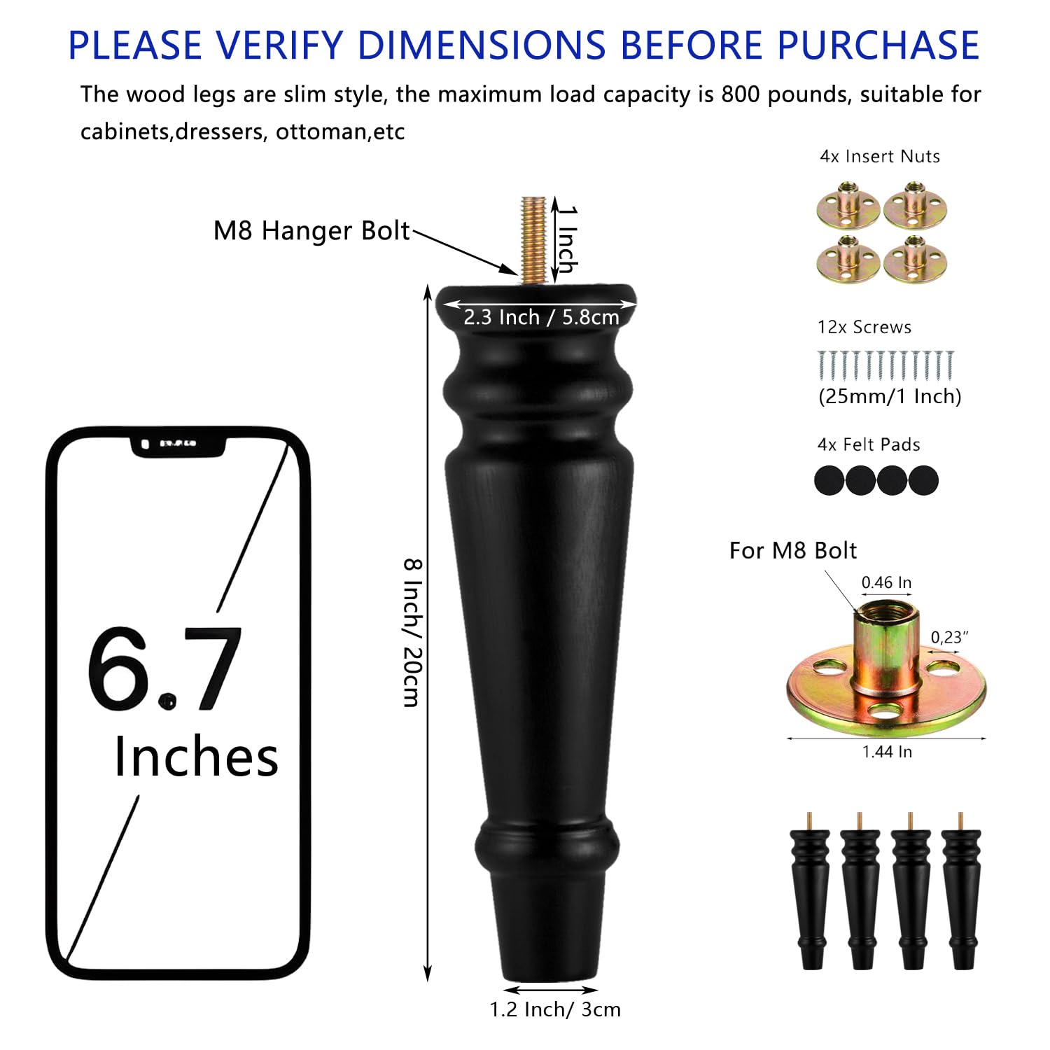 Snapklik.com : Furniture Legs 8 Inches Set Of 4 Pre-drilled M8 Bolt ...