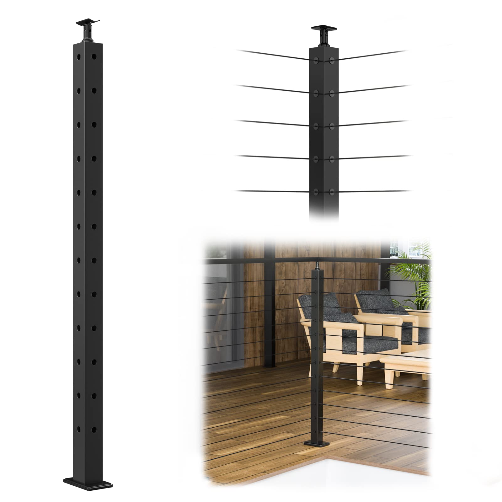 Muzata L-drilled Corner Post 42"x2"x2" Adjustable Top Cable Railing ...