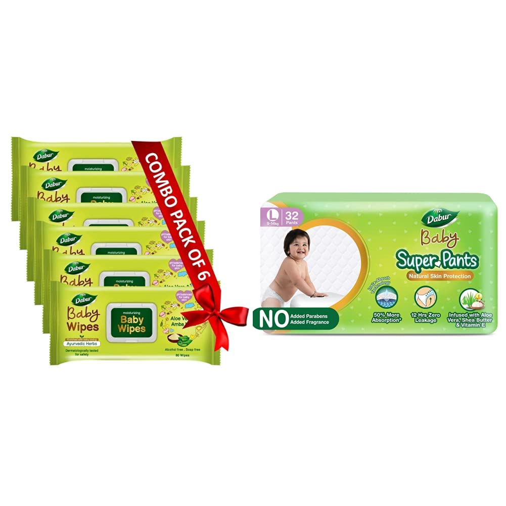 Buy Dabur Baby Wipes - 80 Wipes X Pack of 6 & Dabur Baby Super Pants ...