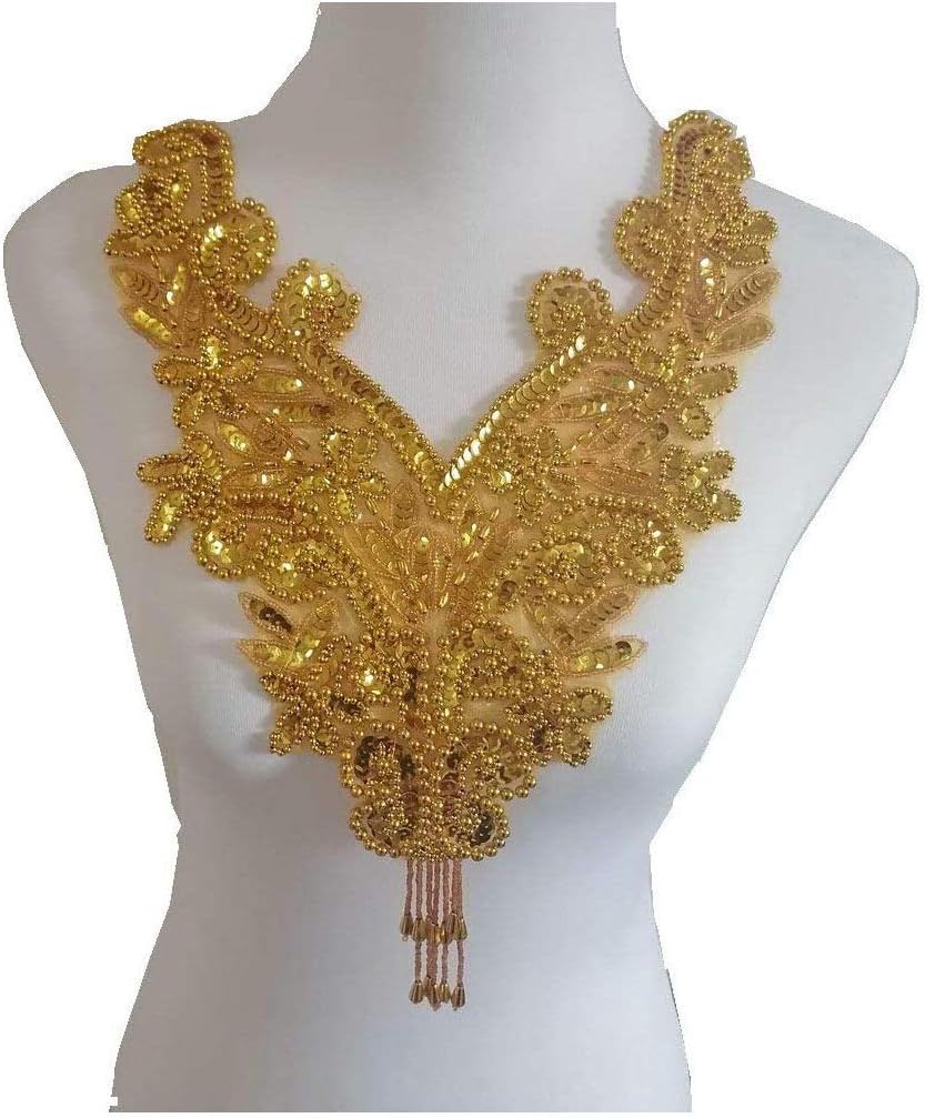 Amazon.com: Gold Collar Sequin Floral Embroidered Applique Trim ...