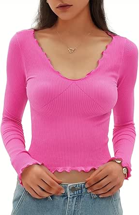 CHYRII Womens Fashion Fall Long Sleeve Tops Ruffled Low Cut Basic ...